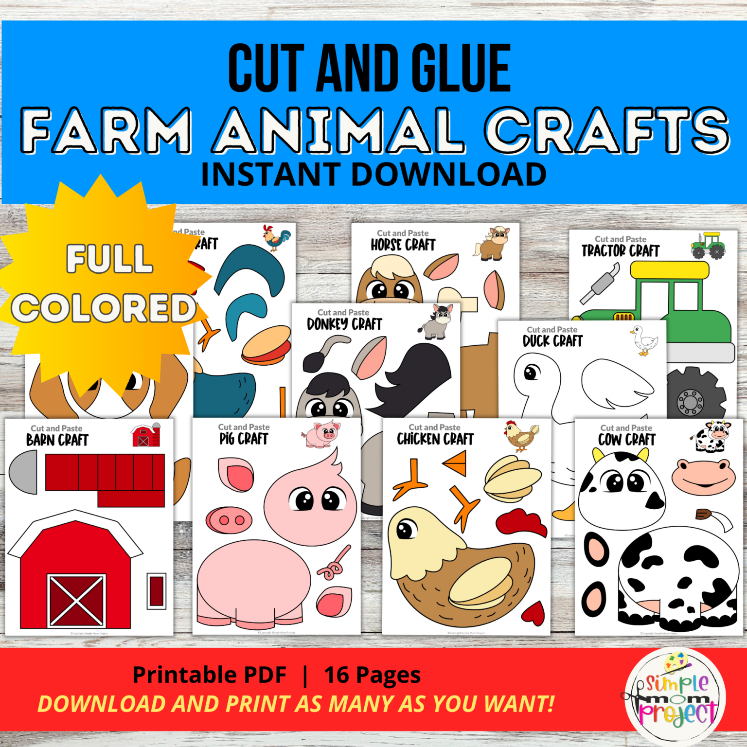 Full Colored Farm Animal Cut and Paste Crafts - Simple Mom Project Store