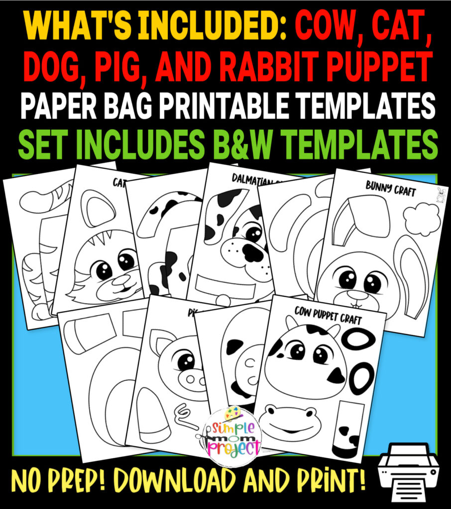 Farm Animal Puppets – 5 Black & White Printable Paper Bag Craft ...