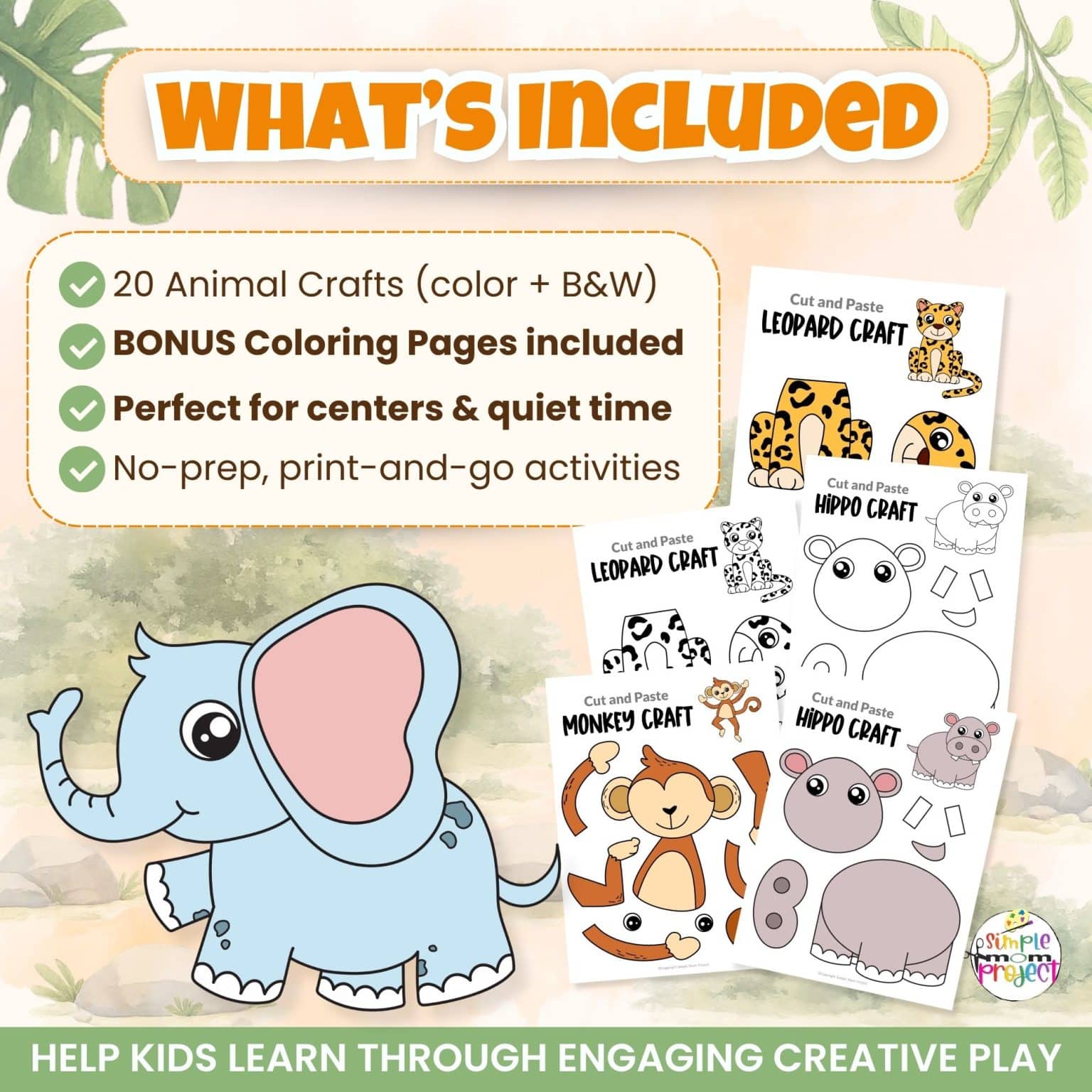 Safari Animal Crafts Printable for Kids (Cut and Paste Templates ...