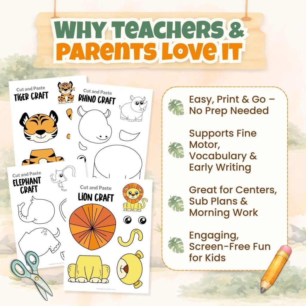 Safari Animal Crafts Printable for Kids (Cut and Paste Templates ...