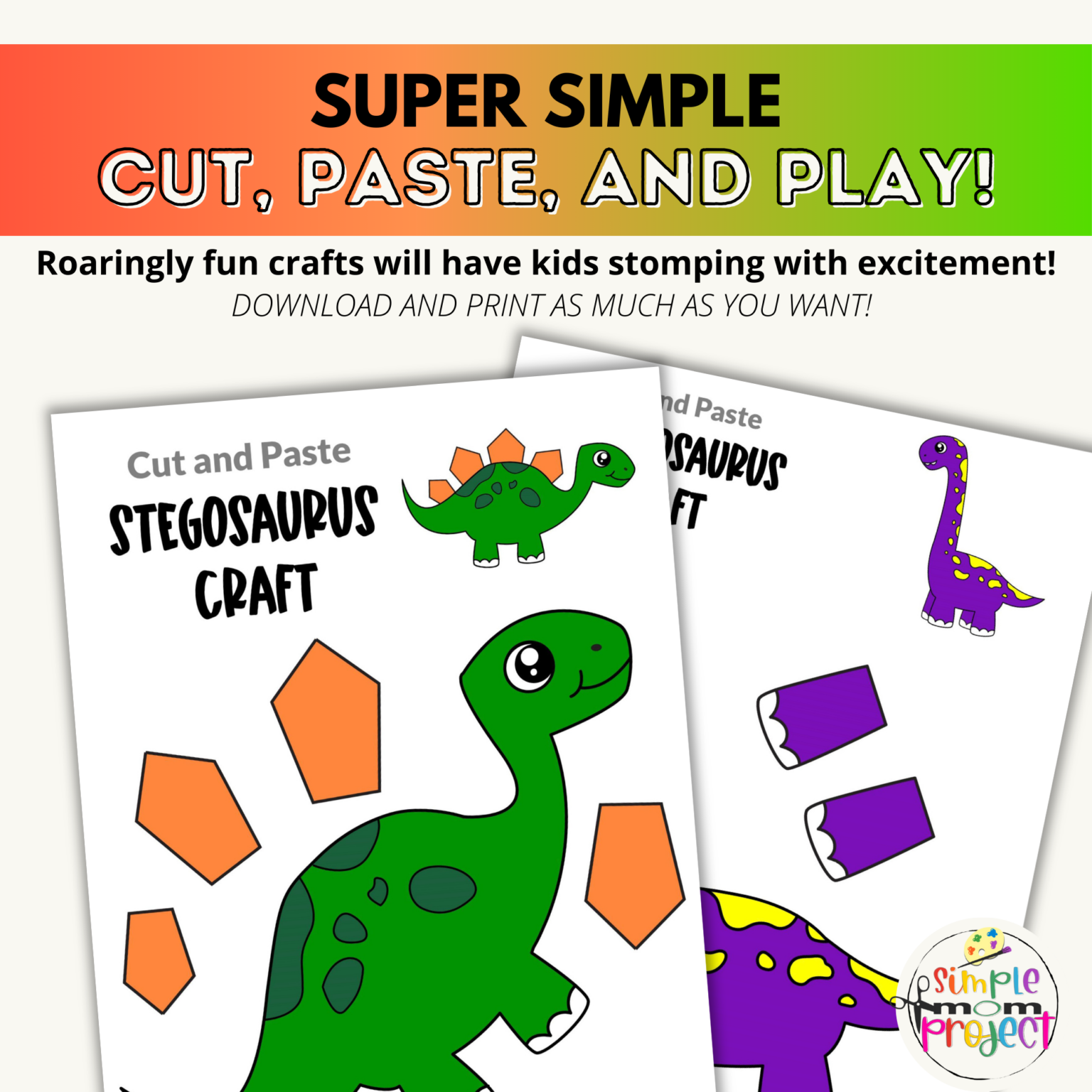 Full Colored Dinosaur Cut and Paste Craft Templates - Simple Mom ...