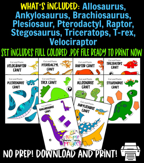 Full Colored Dinosaur Cut and Paste Craft Templates - Simple Mom ...