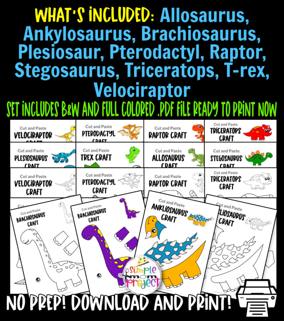Dinosaur Crafts Mega Bundle – 20 Printable Cut & Paste Templates (Color ...