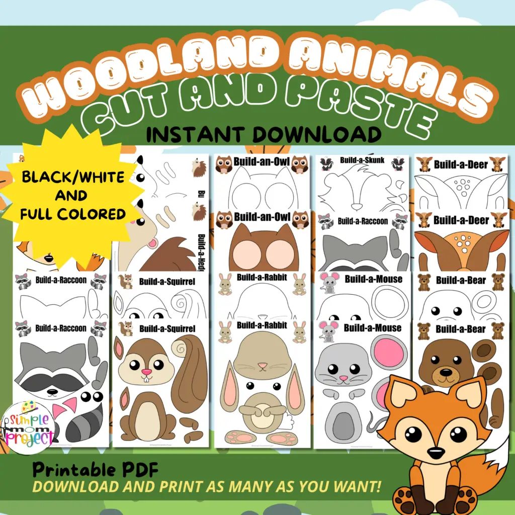 20 Woodland Animal Cut and Paste Craft Templates | Full Colored & Black ...