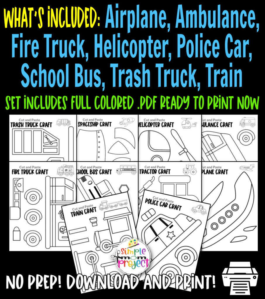 Black and White Vehicle Cut and Paste Craft Templates - Simple Mom ...