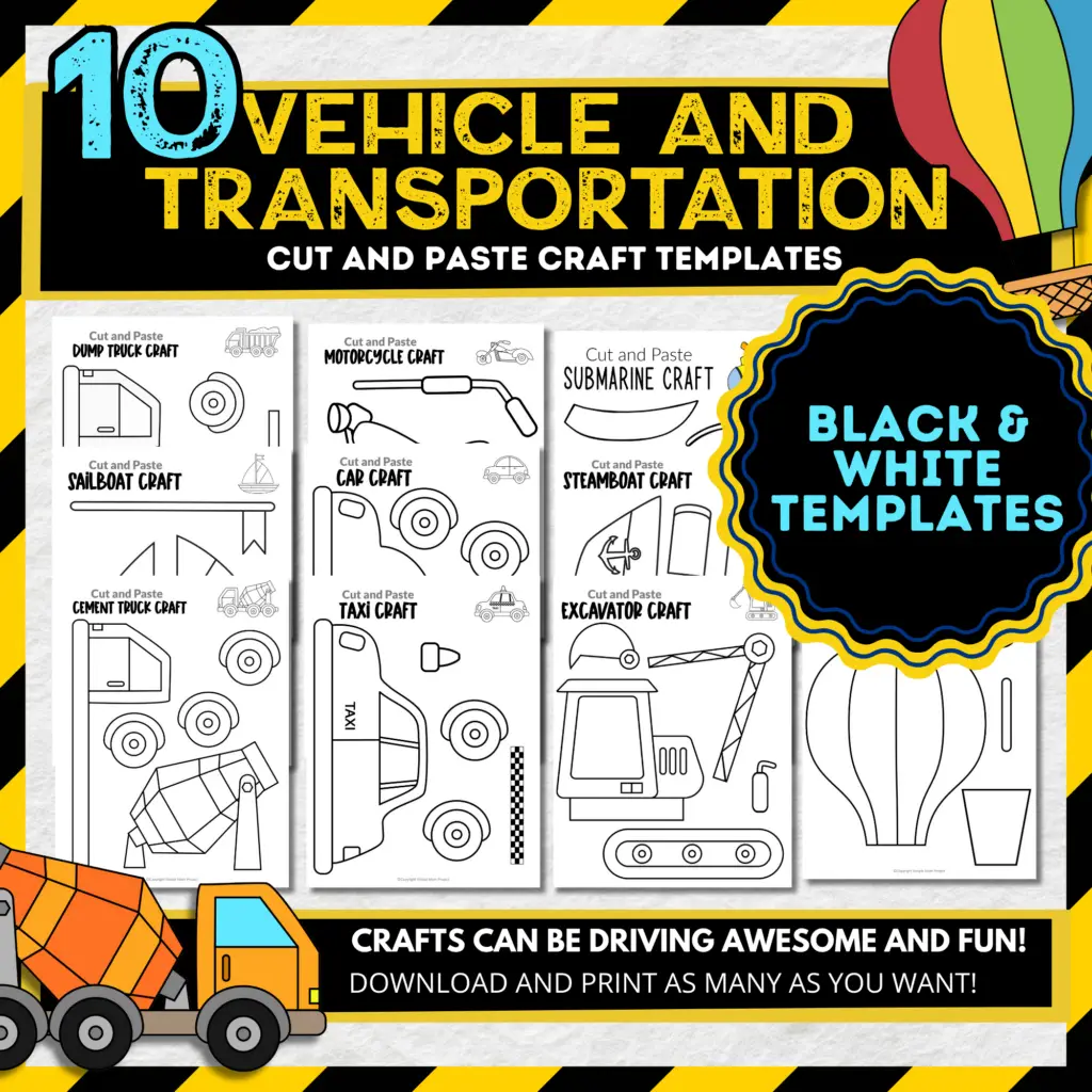 10 Black and White Transportation Cut and Paste Craft Templates ...