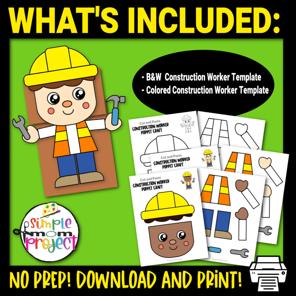 Construction Worker Paper Bag Puppet Craft Template - Simple Mom ...
